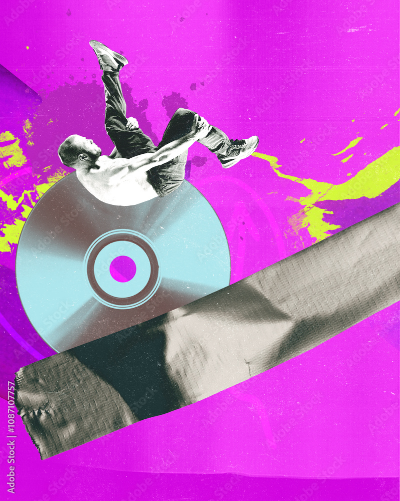 Breakdancer performs stunt on large CD, with background full of vibrant ...