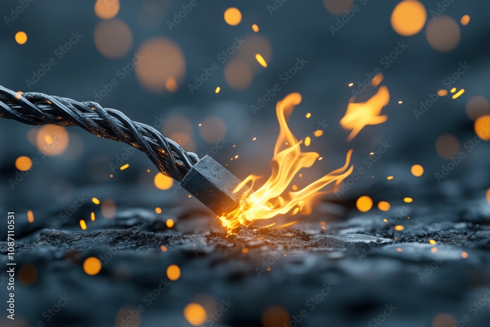 Melted Cables in Chaos, Intense close-up of damaged network cables ...