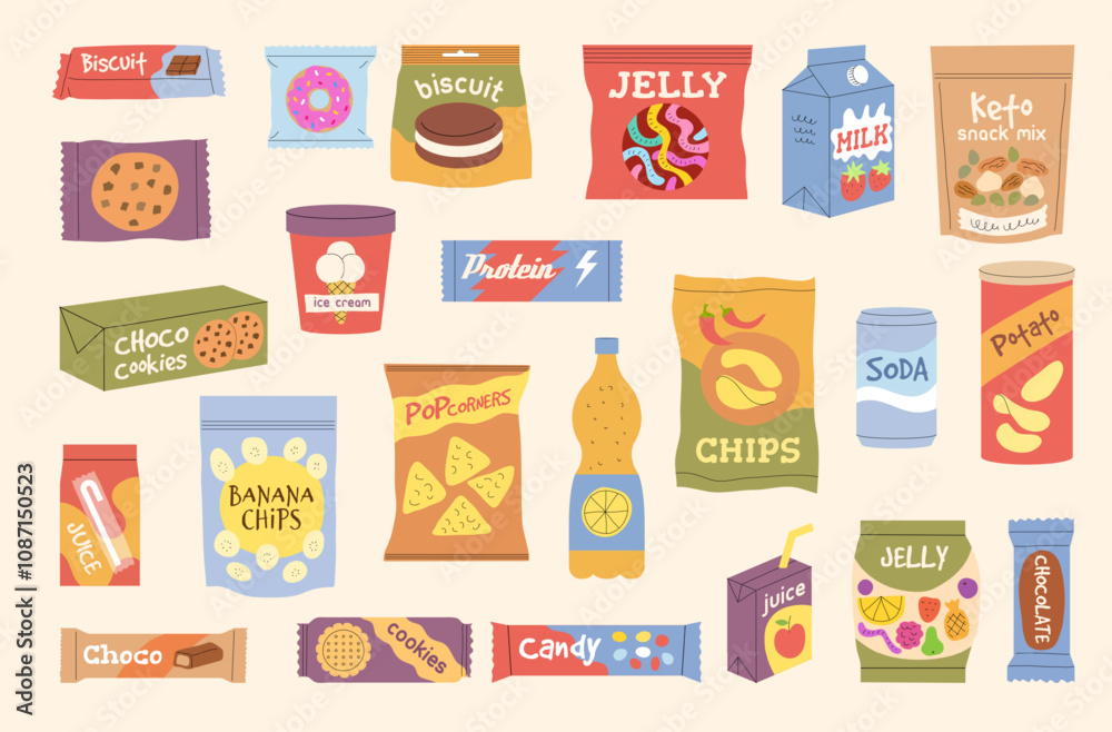 Snack in packages. Fast food in containers fast drinks in bottles ...