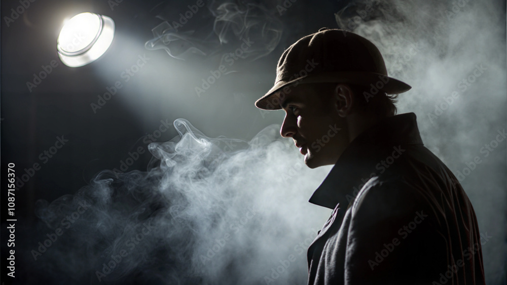 Sherlock Holmes character in silhouette with smoke and spotlight, mysterious and dramatic mood ...