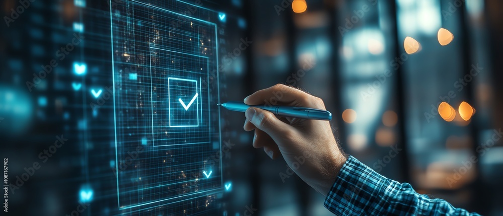 Man interacting with a pen, touching a check mark on a document ...