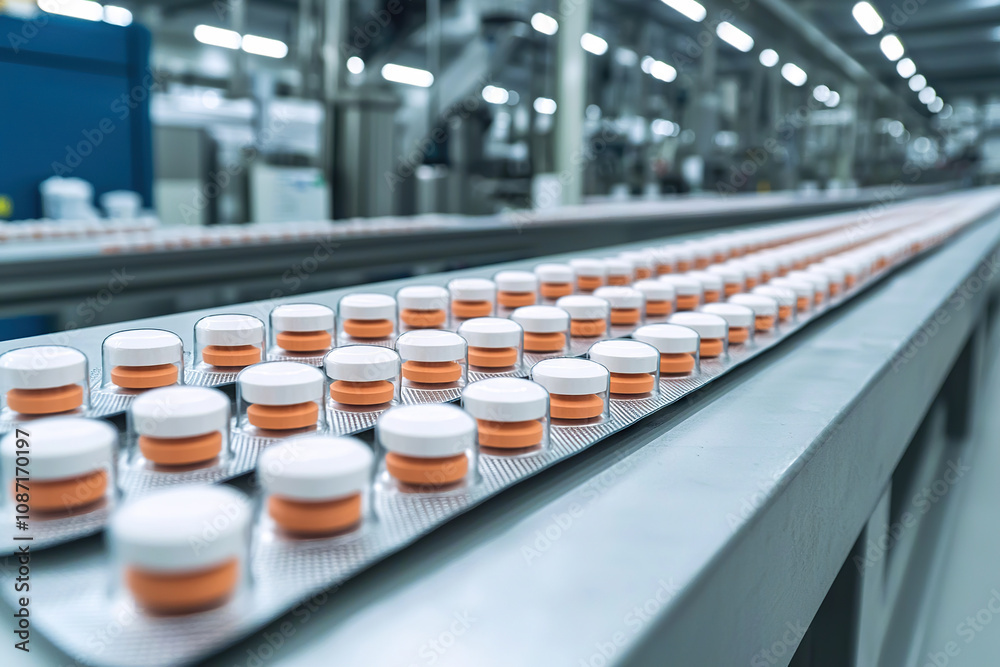 close up view of pharmaceutical production line with orange and white ...