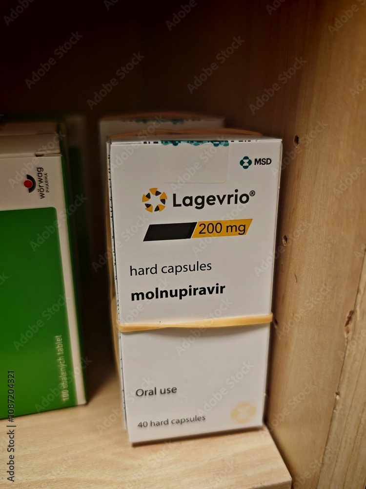 Prague,Czech republic-November 18 2023:LAGEVRIO MSD hard capsules with ...