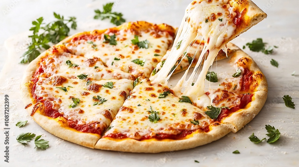 Beautifully styled pizza with melted mozzarella cheese a slice being ...