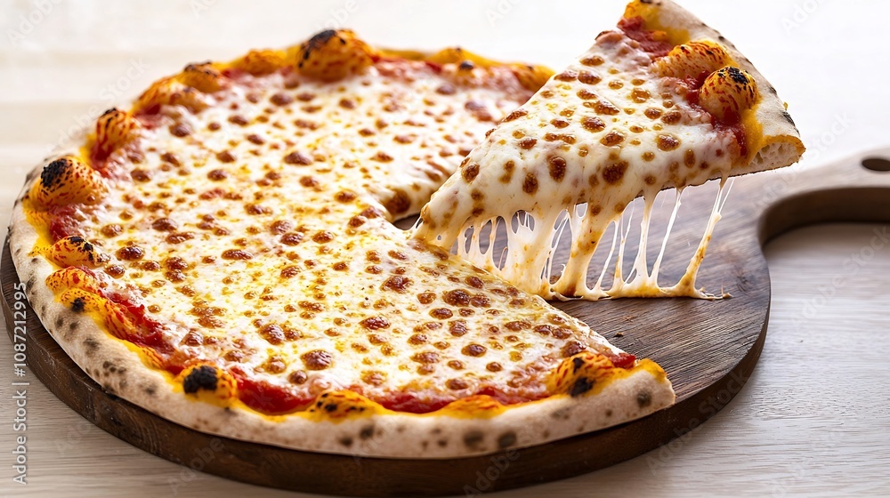 Delectable golden pizza with melted cheese a single slice being lifted ...