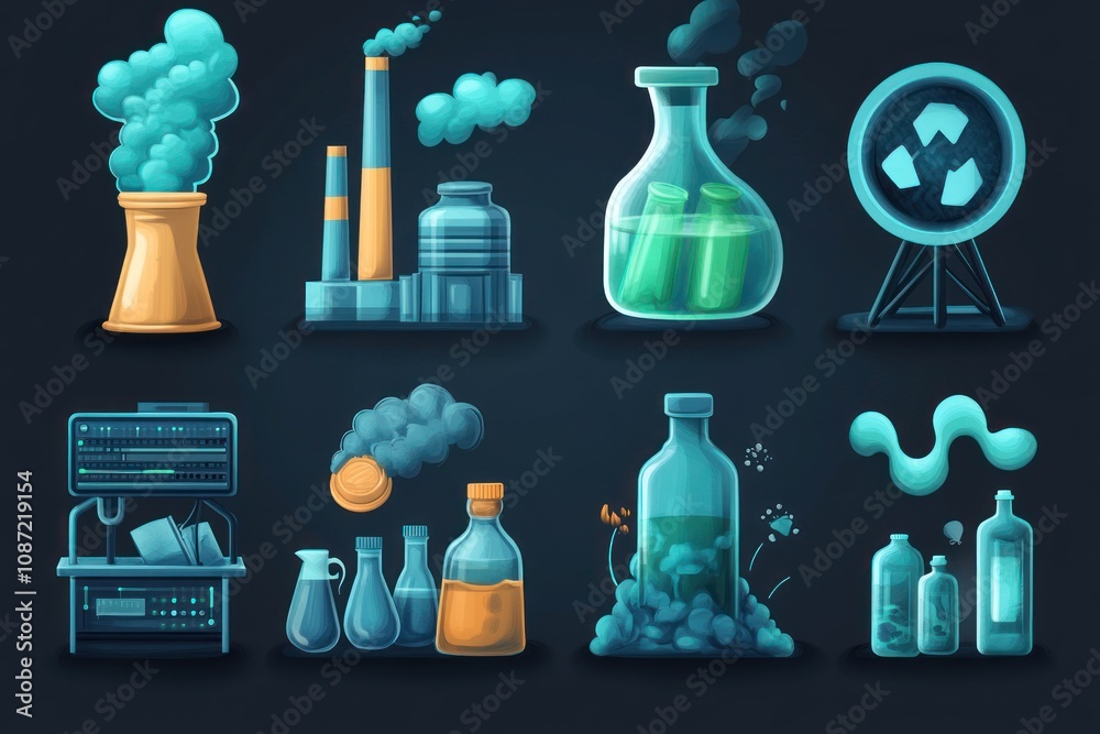 Cartoon Illustrations of Industrial Pollution and Chemical Waste Stock ...