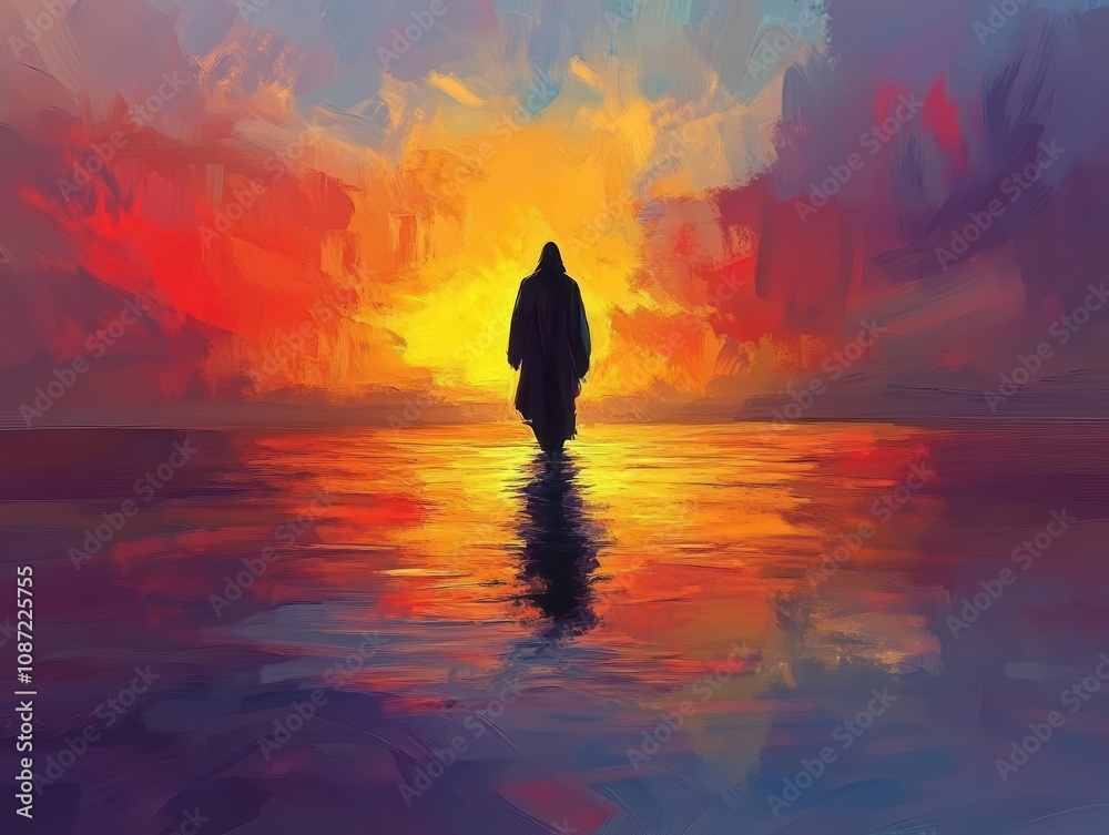 jesus christ walking on water at sunset, radiant colors painting the ...
