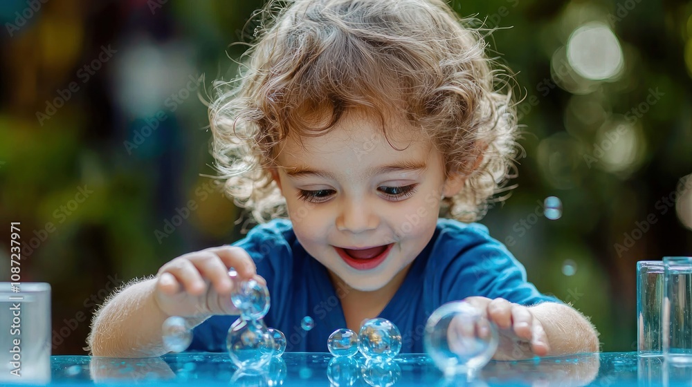 A young child marvels at the effervescent bubbles in a science ...
