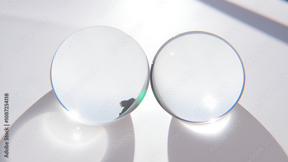 Closeup of sunlight through clear circular convex and concave lens with ...