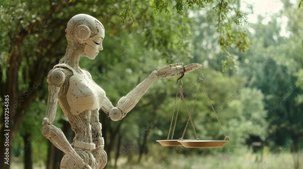 AI robot carrying scales represents justice. 3d rendering robotic lady ...