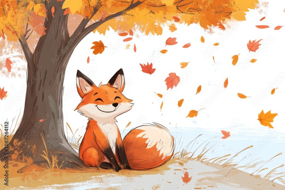 Cartoon Illustration of a Playful Fox Hiding Behind a Tree: Cartoon ...