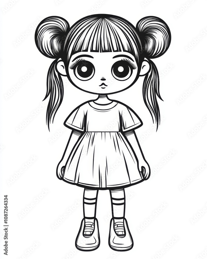 Doll outline coloring page with a cute cartoon girl Stock Illustration ...