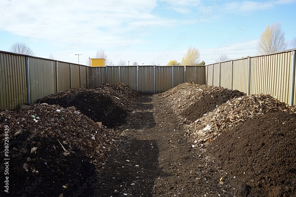 Composting facility with soil and organic waste piles, promoting ...