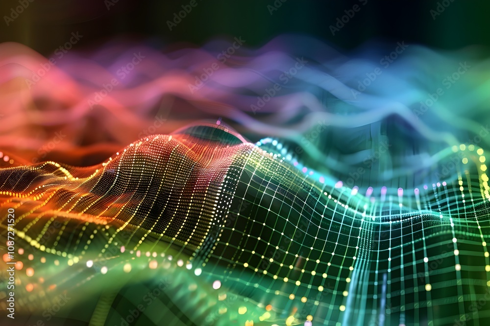 Abstract technology background with a wavy color grid, representing analytics data algorithms ...