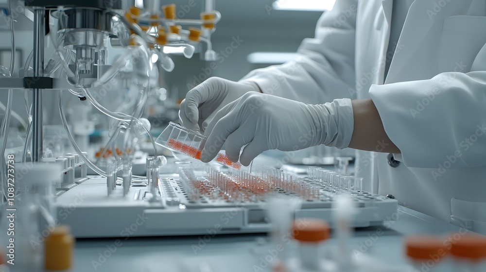 Biotech scientist meticulously loading DNA samples into an ...