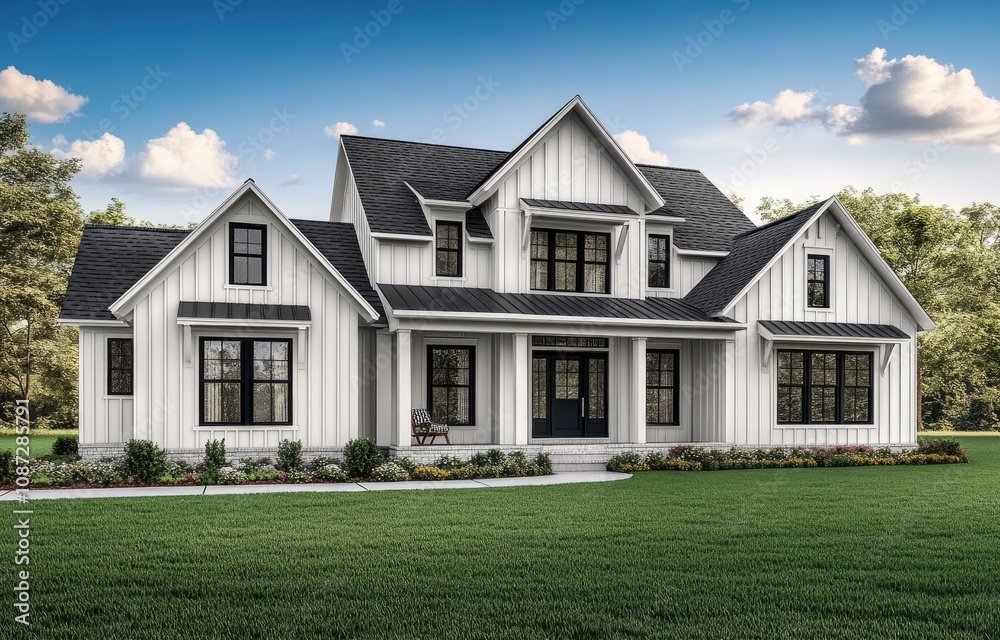 Modern two-story house with a gable roof design rendering. The house ...