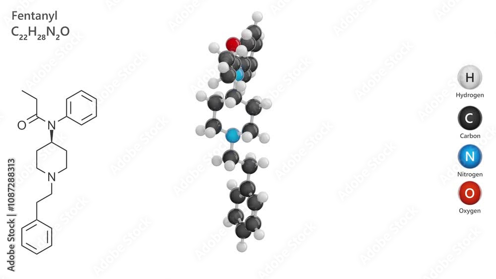 Fentanyl. Drug. Opioid analgesic. Animated 3D model of a molecule ...