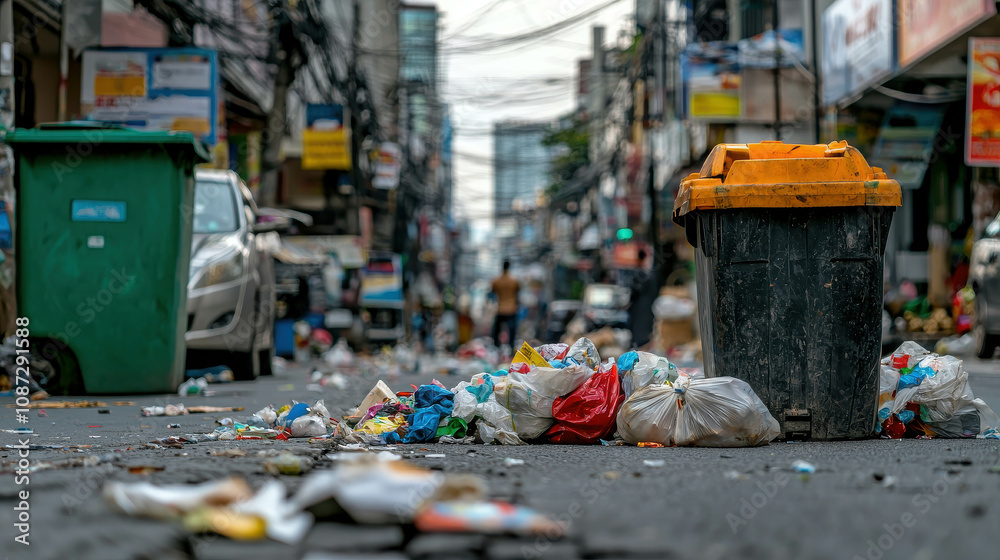 Urban Street Scene with Trash Bins and Littered Garbage in a Busy City ...