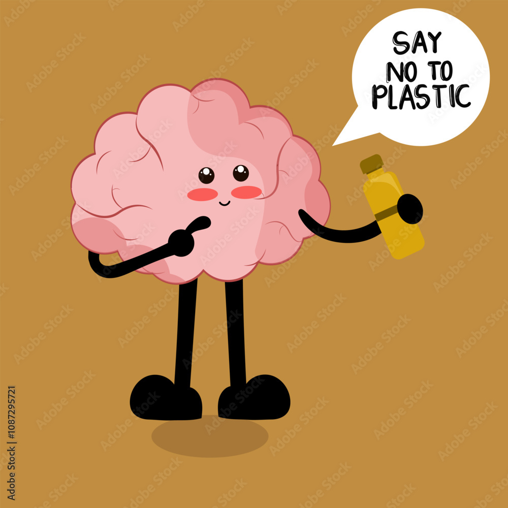 Cute brain character carrying a bottle and the words say no to plastic ...