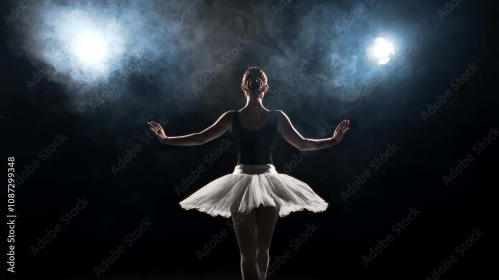 Graceful female ballet dancer dancing alone in dark hall, silhouette in ...