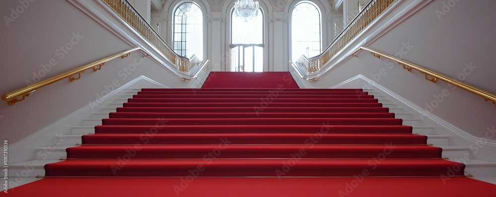 Opulent Double Staircase with Red Carpet - Luxurious Grand Entrance ...