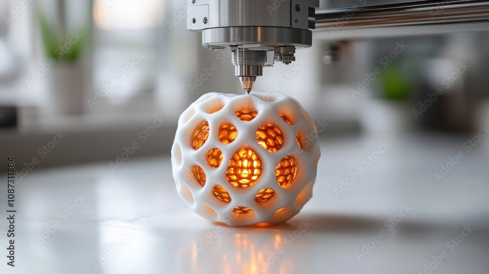3D printer creating a decorative hollow sphere with intricate patterns ...