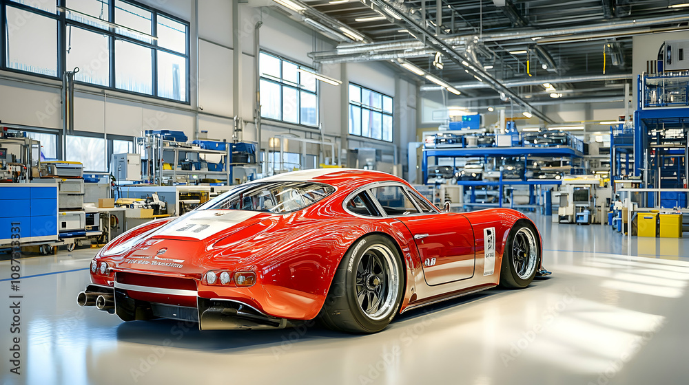 A Red Race Car with White Stripes Stands Inside a Factory Setting, a ...