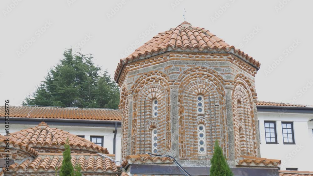 Intricate brickwork and unique dome of the Monastery of Saint Naum, a ...