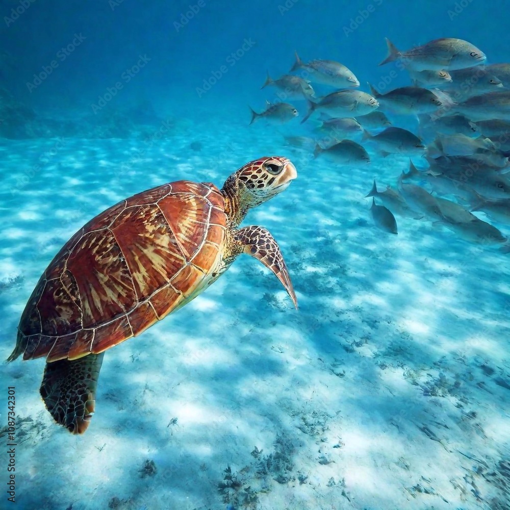 An ultra-realistic full shot photo of a turtle swimming alongside a ...