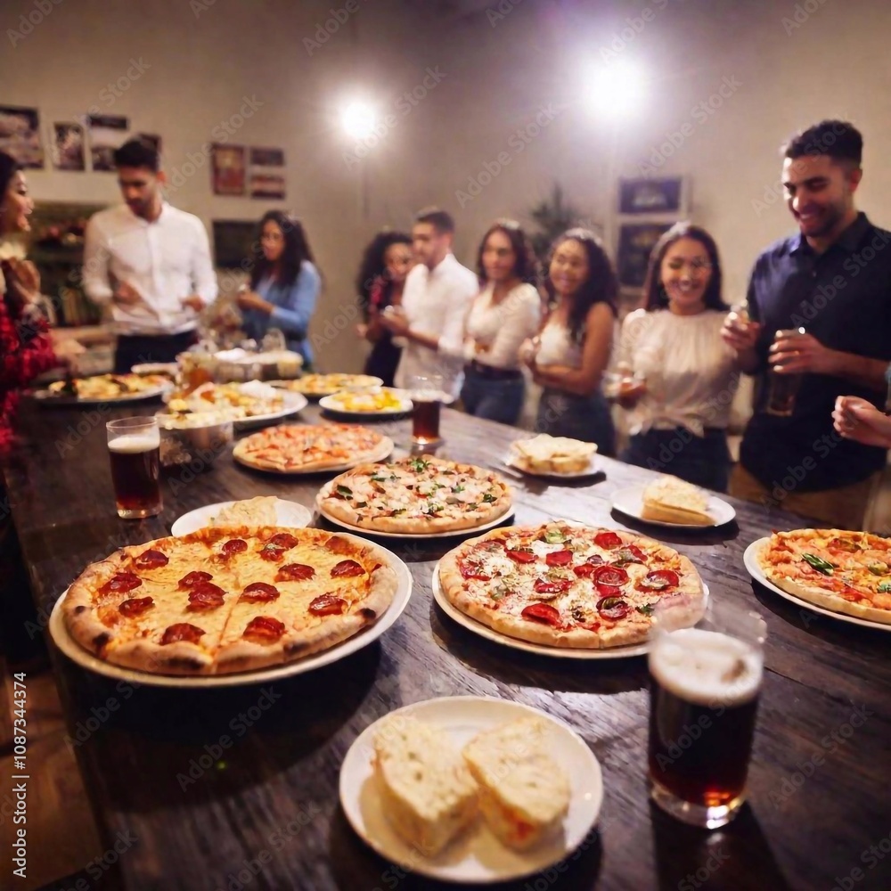 an extreme long shot of a party scene with a large table covered in a ...
