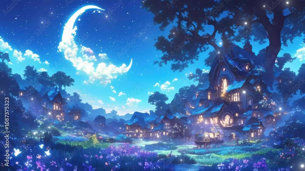 A whimsical house glows brightly in a quiet valley under a star-filled ...