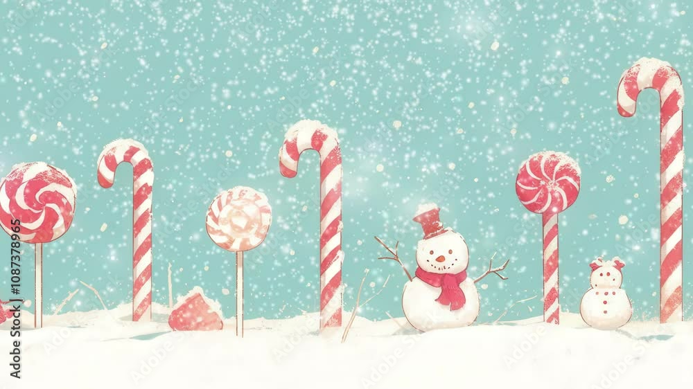 Winter wonderland of candy canes and a cheerful snowman celebrating the ...
