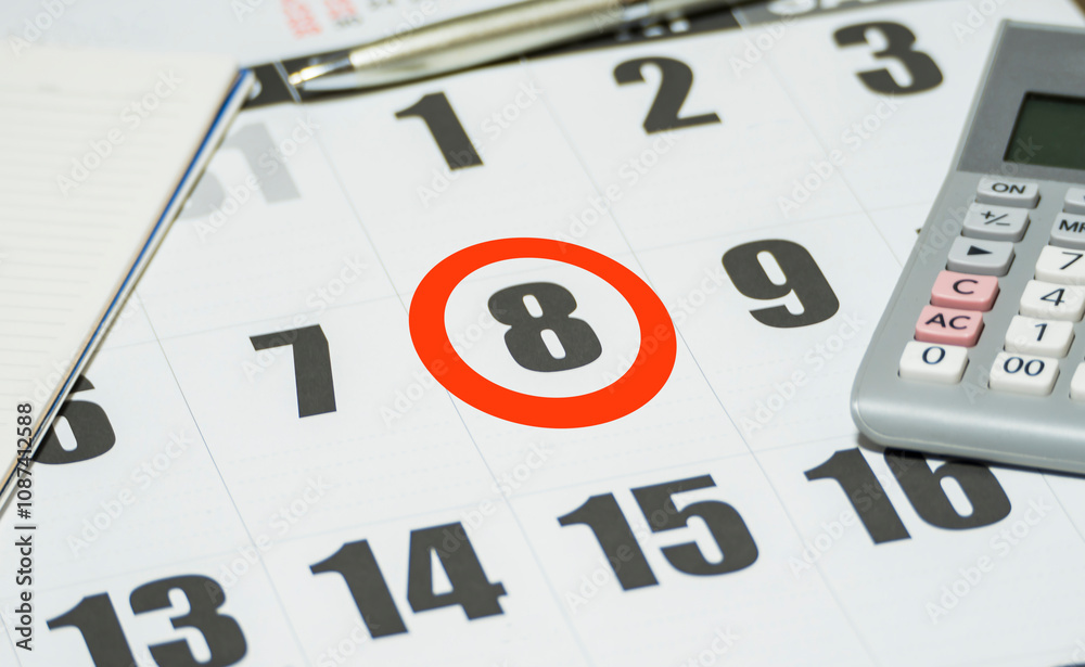 month calendar with the 8th of the month marked with a red circle Stock ...