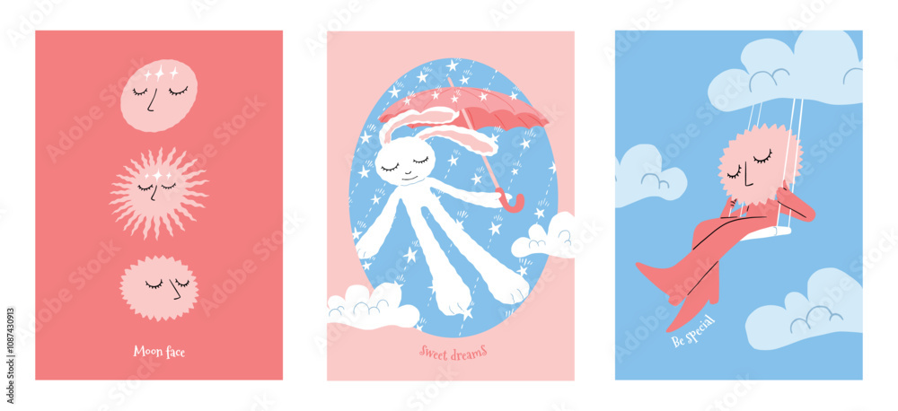 Baby card. Sweet dream. Sleeping rabbit. Sleepy moon. Sun on swing ...