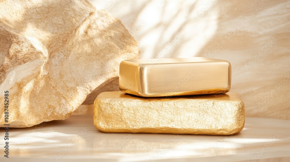 Two gold bars, one polished and one textured, stacked on a reflective ...