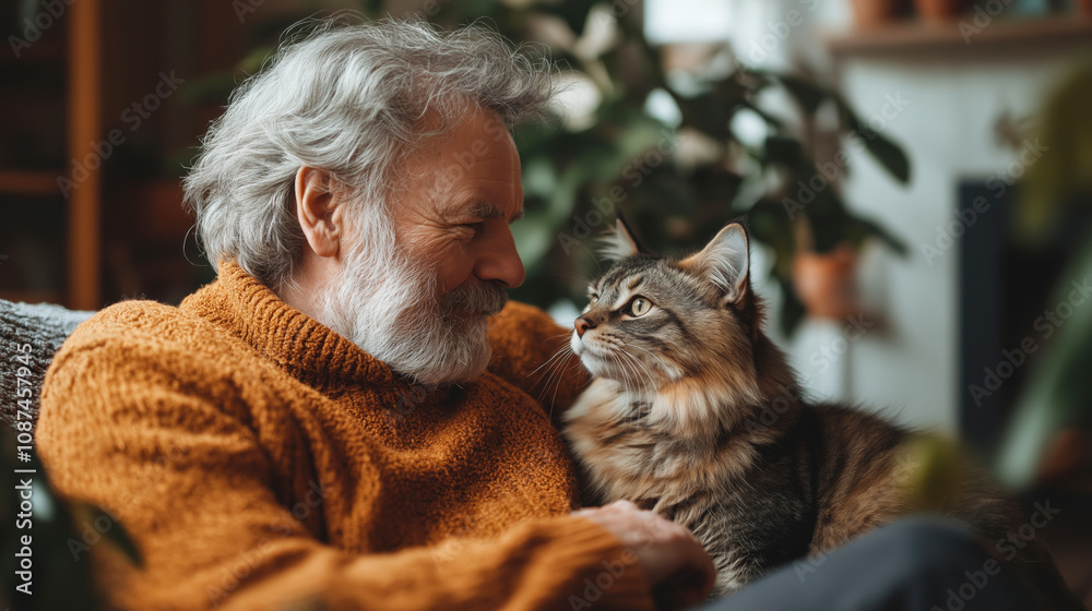 Elderly man with grey hair and beard bonding with his fluffy maine coon ...