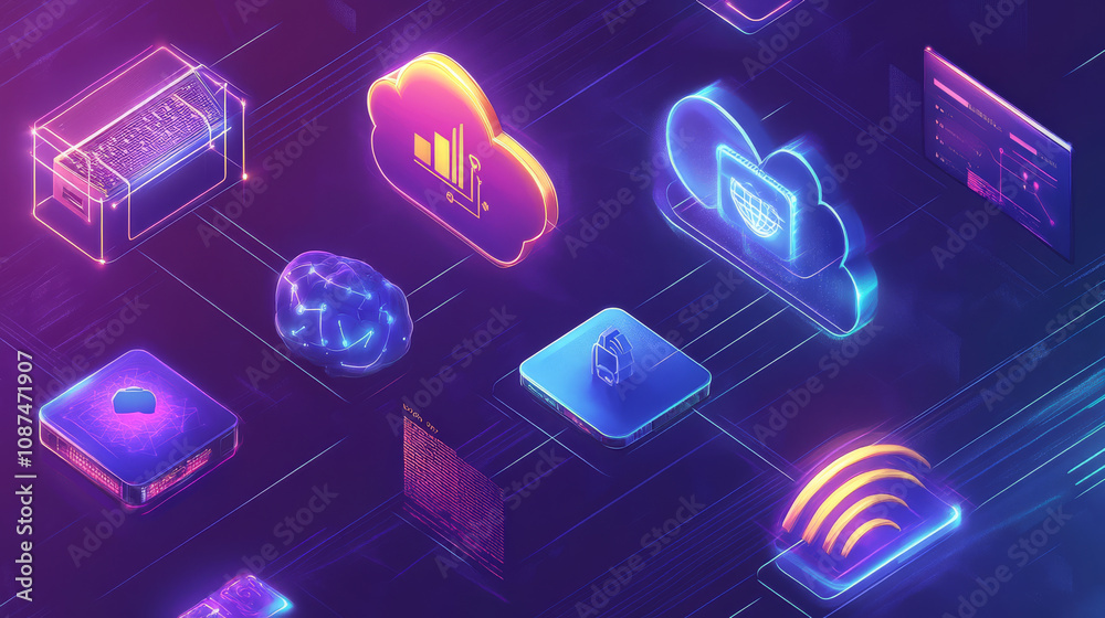Icons representing cloud migration, IoT devices, and AI tools, showing ...