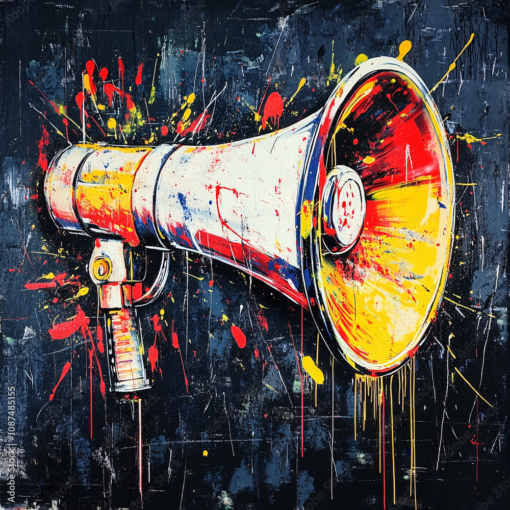 Hyperrealistic Artwork of a Large Megaphone Exploding with Vibrant ...