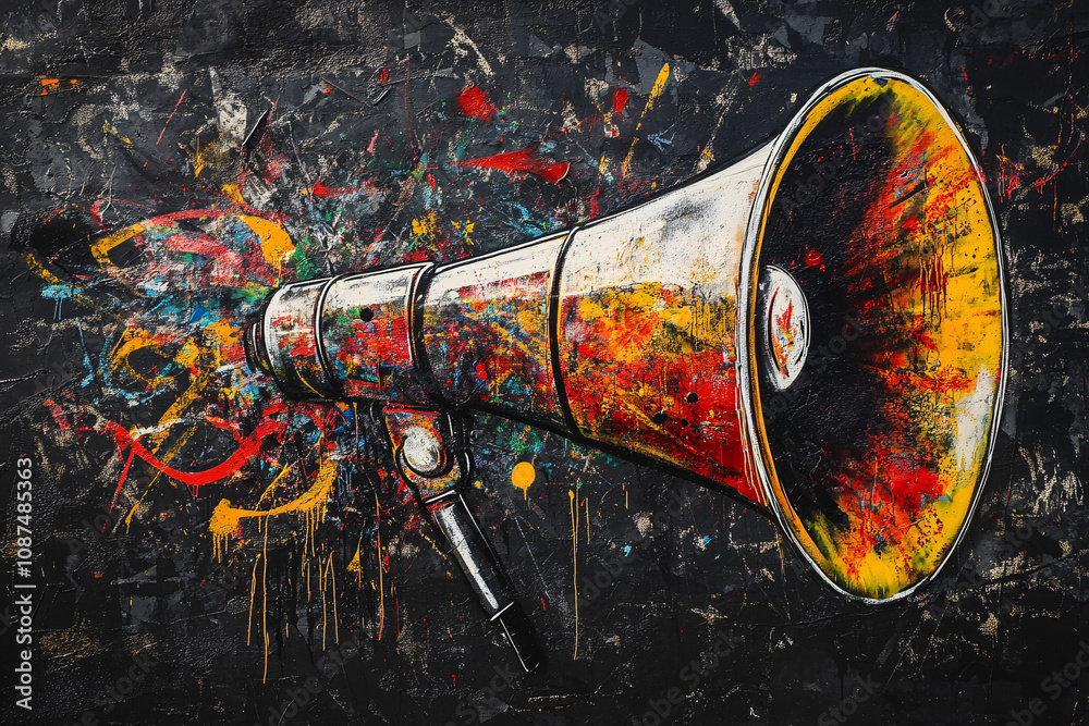 Hyperrealistic Artwork of a Large Megaphone Exploding with Vibrant ...