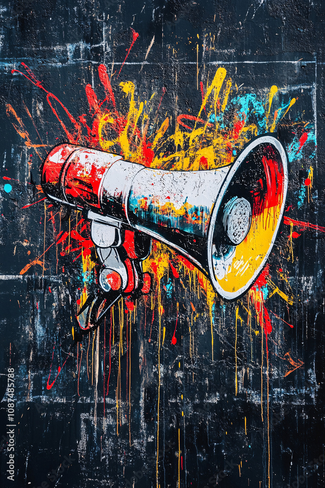 Hyperrealistic Artwork of a Large Megaphone Exploding with Vibrant ...