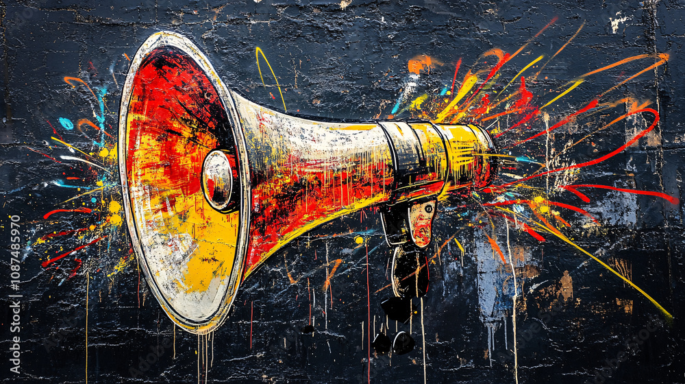 Hyperrealistic Artwork of a Large Megaphone Exploding with Vibrant ...
