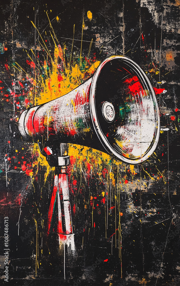Hyperrealistic Artwork of a Large Megaphone Exploding with Vibrant ...