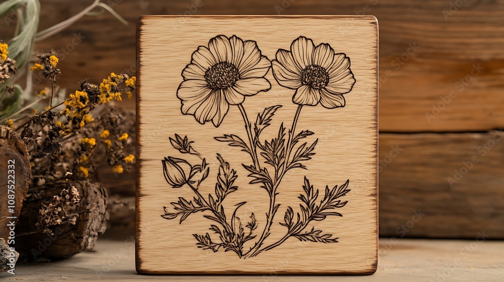 Wooden plaque with a laser-engraved design of two flowers and leaves ...