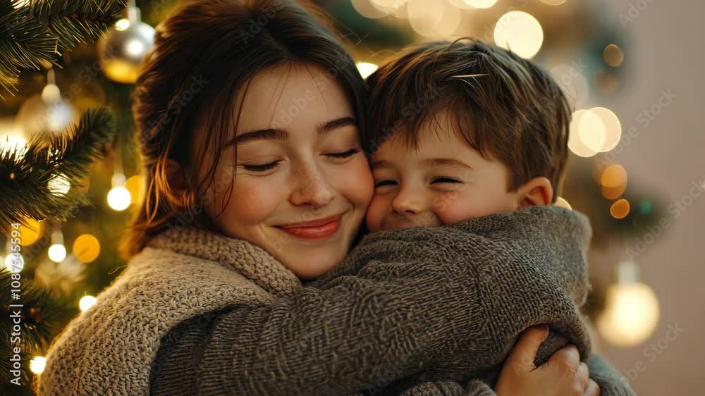 Parents and children sharing a warm hug in front of the Christmas tree ...