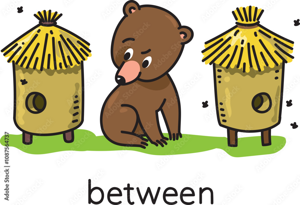 Preposition of place. Bear between the beehives Stock Vector | Adobe Stock