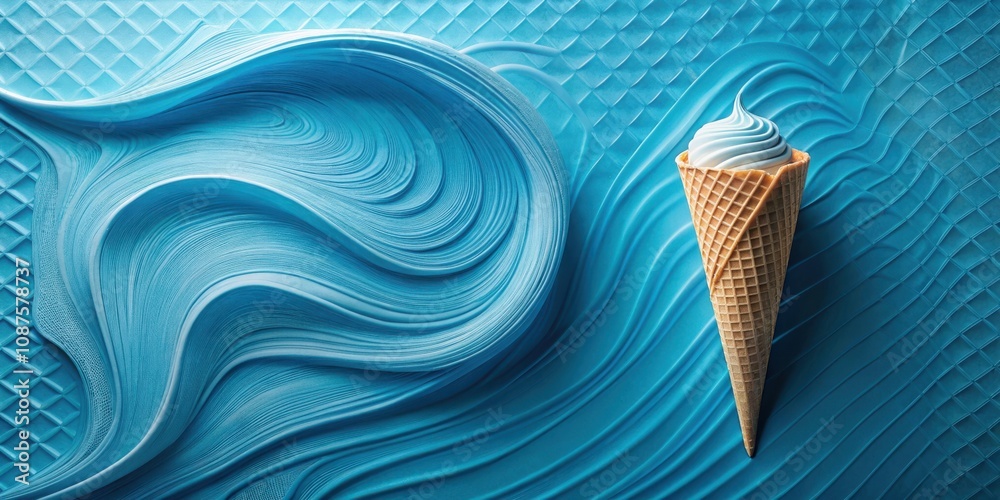 A singular ice cream cone stands tall on a textured blue background ...