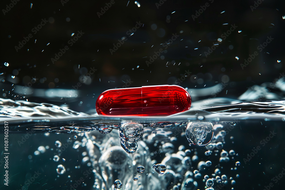 A red pill capsule is floating in a pool of water with water splashes ...