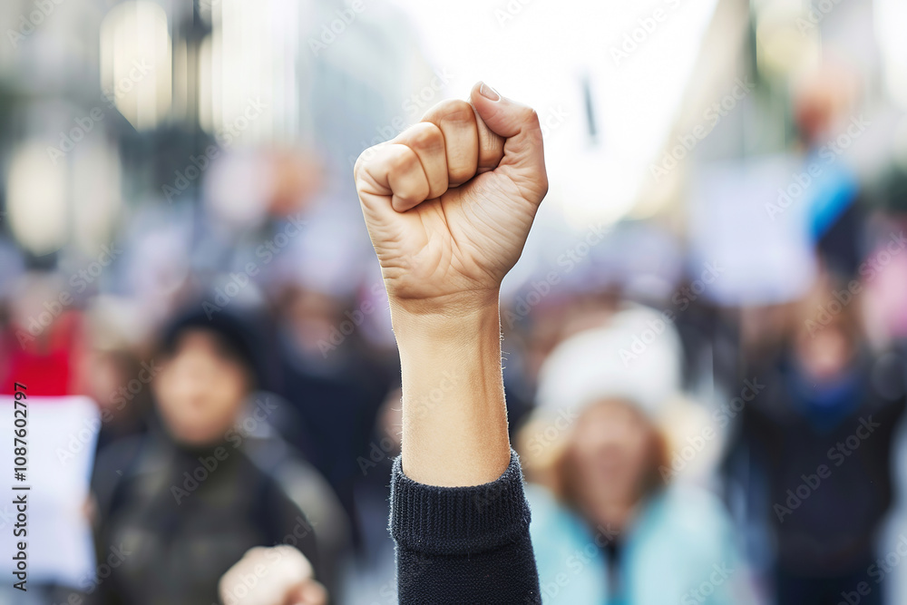 A fist is raised in the air in a protest. Concept of unity and strength ...
