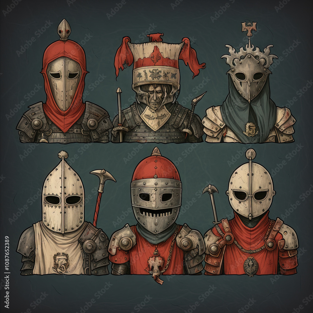 Mystic knight portraits set in metal armor. Occult scary knights in ...