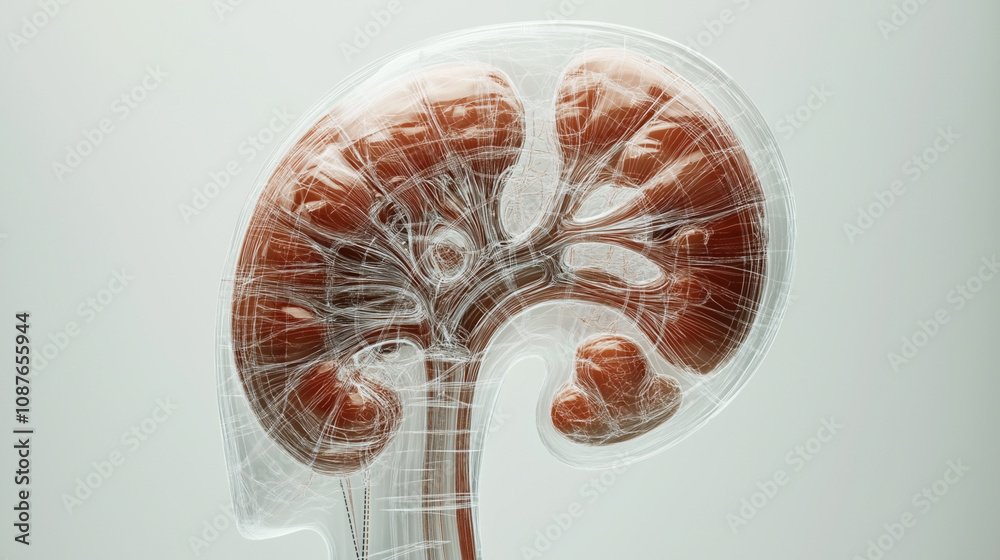 Anatomical illustration of a human kidney structure with intricate ...